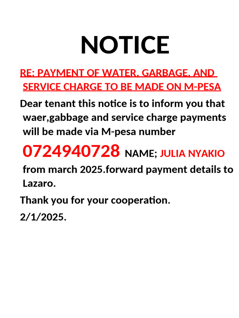 Water and Service Charge Payment Notice | PDF