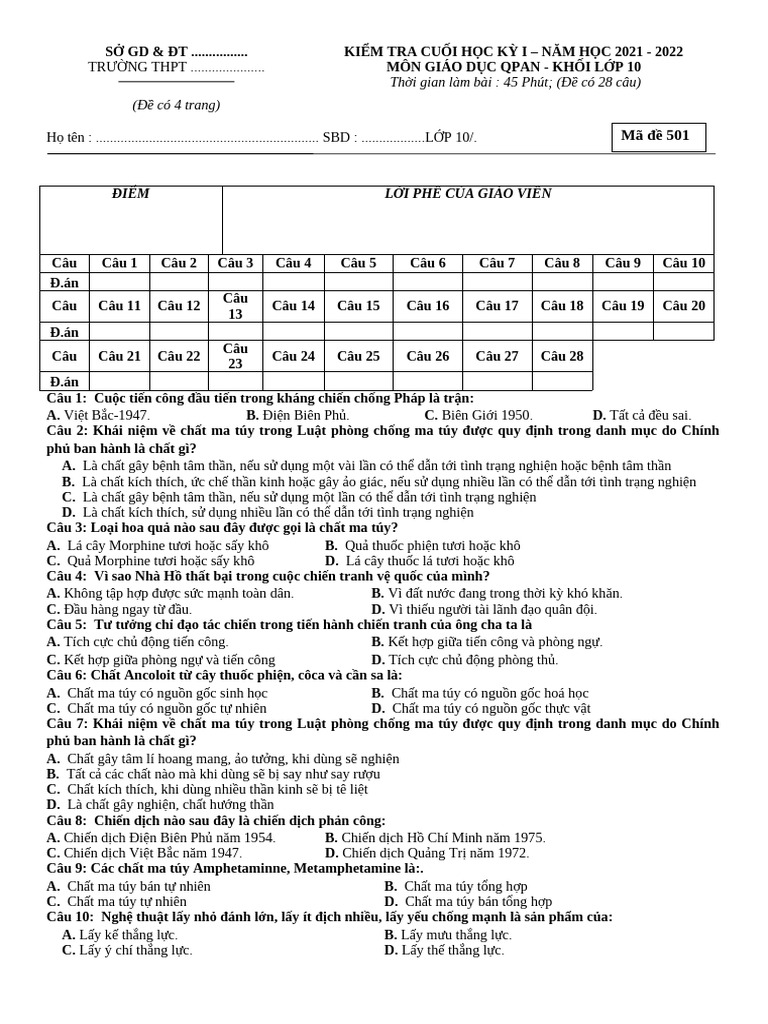 Thuvienhoclieu.com de Thi HK1 GDQP 10 Nam 2021 2022 Co Dap An | PDF