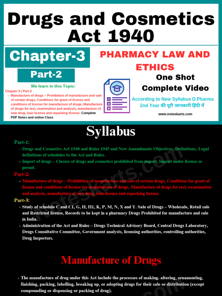 Chapter-3 P-2 Drugs and Cosmetics Act 1940 _ Manufacture of drugs.pptx | PDF | License | Drugs
