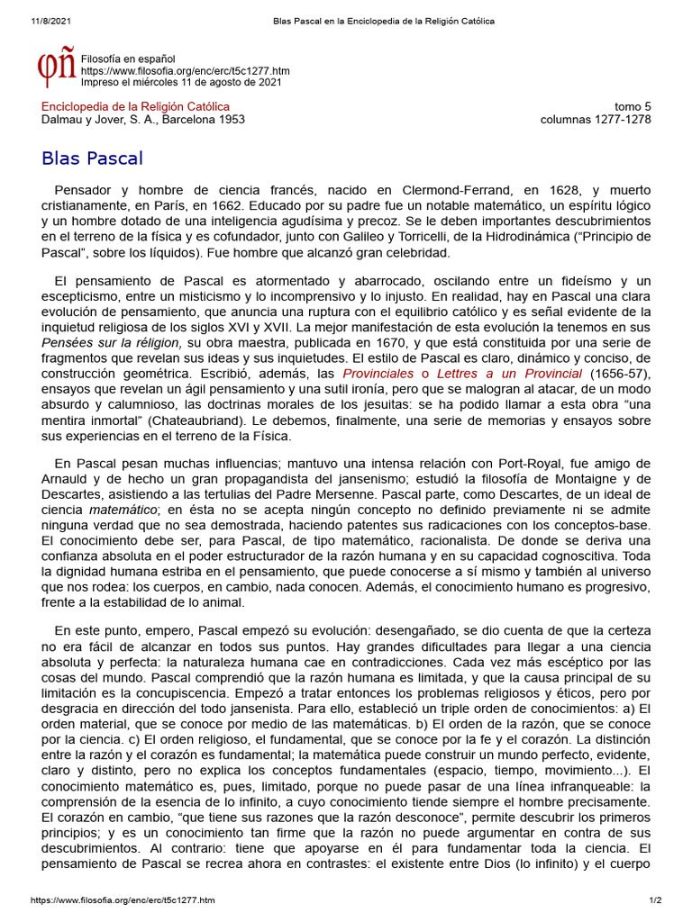 Blas Pascal en La Enciclopedia de La Religión Católica | PDF | Razón | Conocimiento
