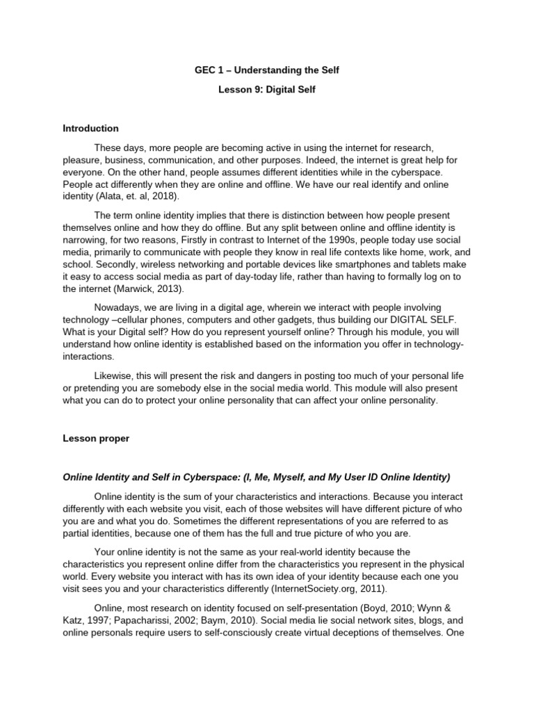 Lesson 9 - The Digital Self New | PDF | Online And Offline | Self Esteem