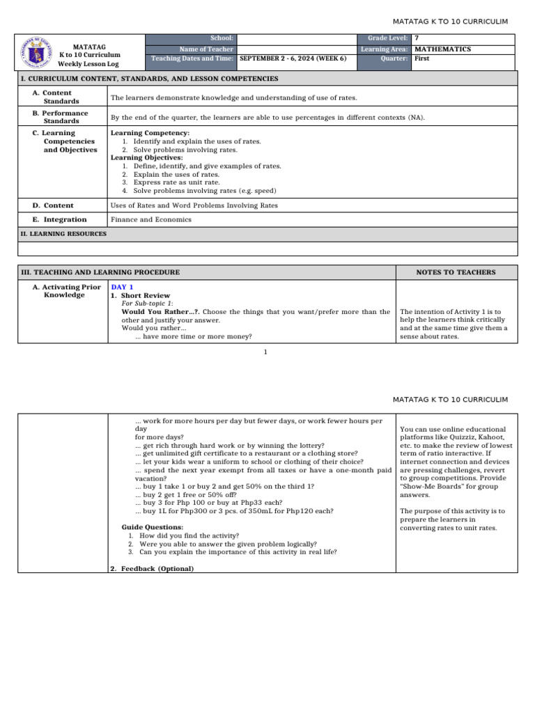 DLL Matatag - Math 7 Q1 W6 | PDF | Ratio | Learning