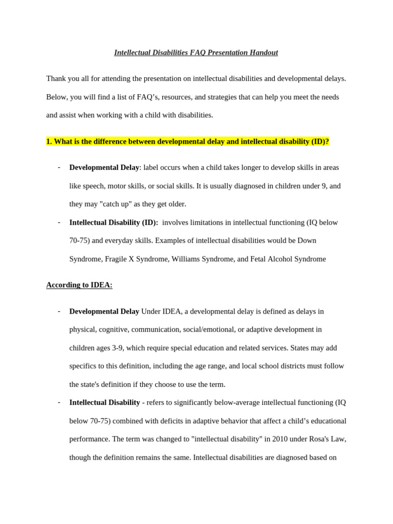 Intellectual Disabilities FAQ Presentation Handout | PDF | Intellectual ...