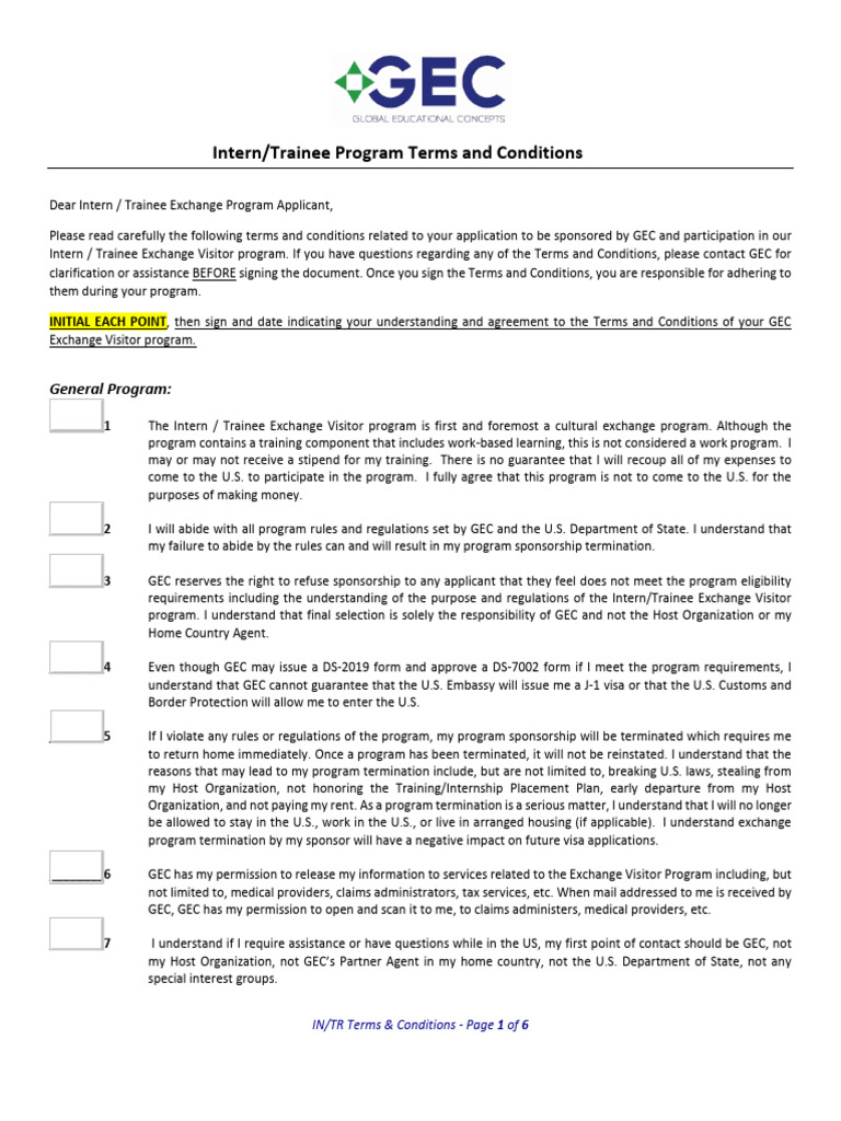 Intern/Trainee Program Terms & Conditions | PDF | Fee | Indemnity