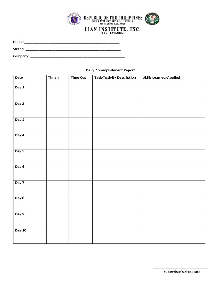 Daily Accomplishment Report for Work Immersion | PDF