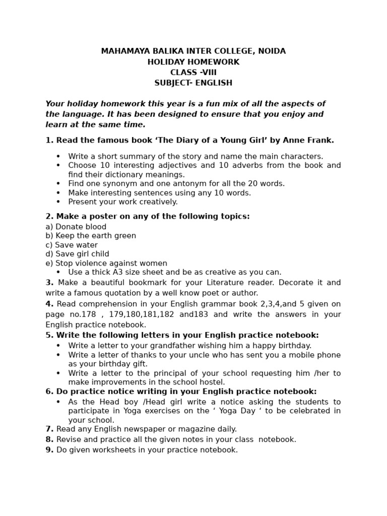 Holiday Homework Class 8 (2024-25) | PDF