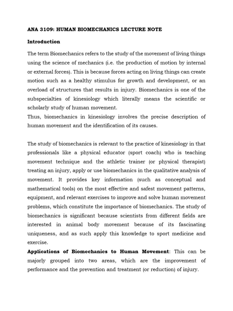 Biomechanics Lecture Note | PDF | Force | Torque