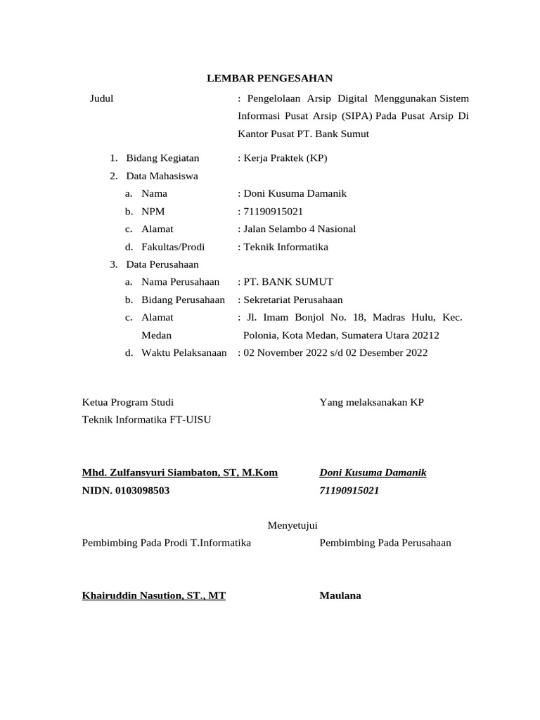 LEMBAR PENGESAHAN Laporan KP Doni | PDF