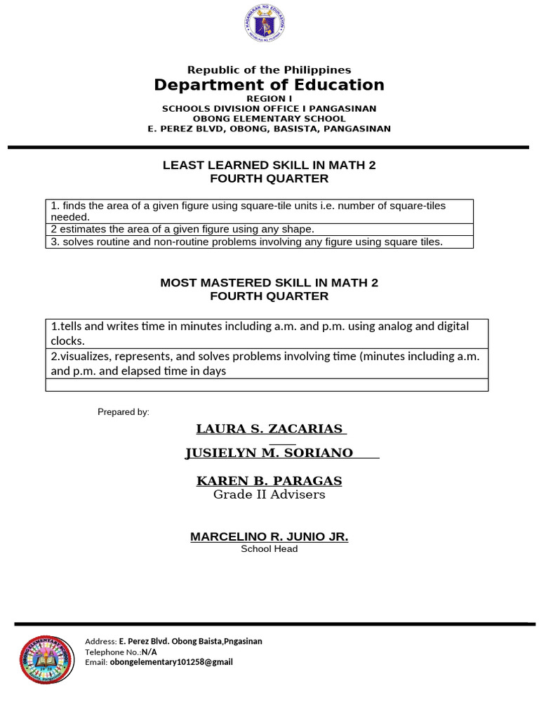 GR.2 Least and Most Learned Skills in MATH Q4 | PDF