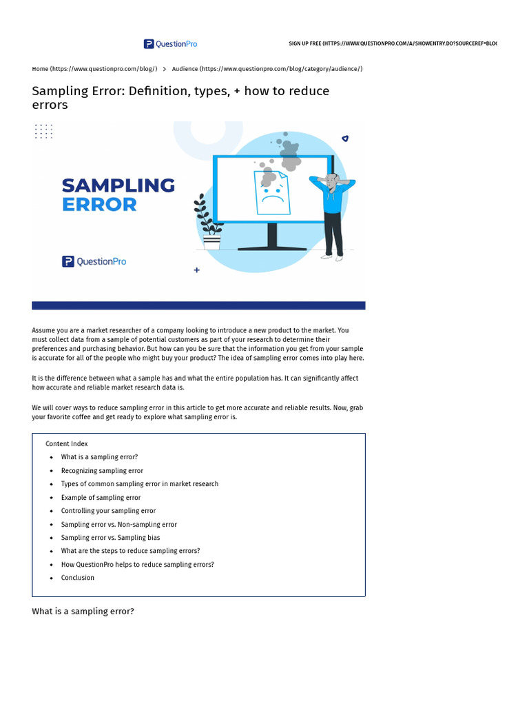 Sampling Error - Definition, Types, + How To Reduce Errors | PDF | Sampling (Statistics ...