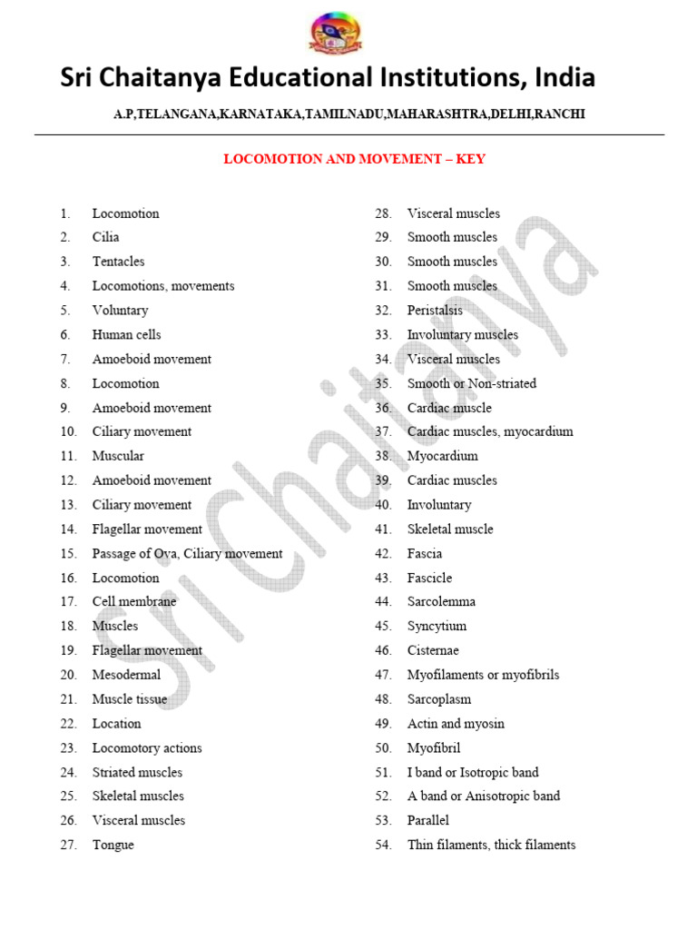 ZOOLOGY - (K) LOCOMOTION AND MOVEMENT - 1 - KEY | PDF | Skeletal Muscle ...