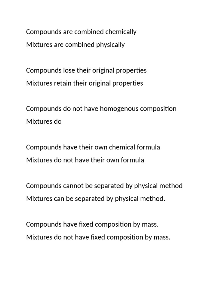 Differences Between Compounds and Mixtures | PDF