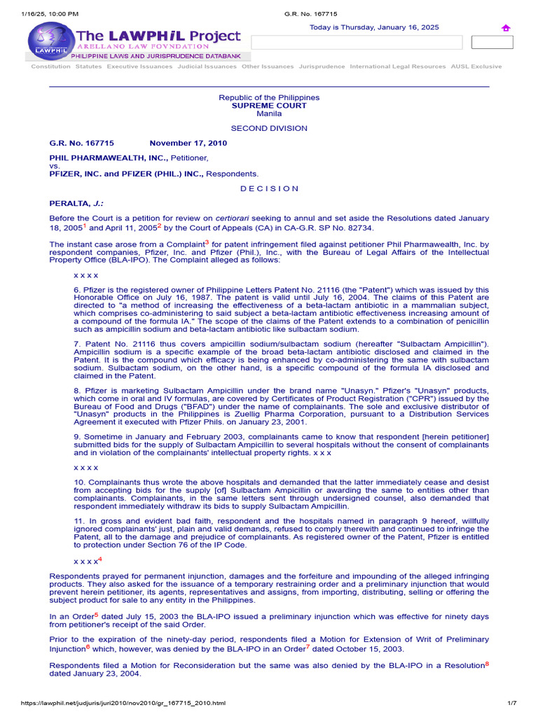 Pfizer vs. Phil Pharmawealth Patent Infringement Case | PDF ...
