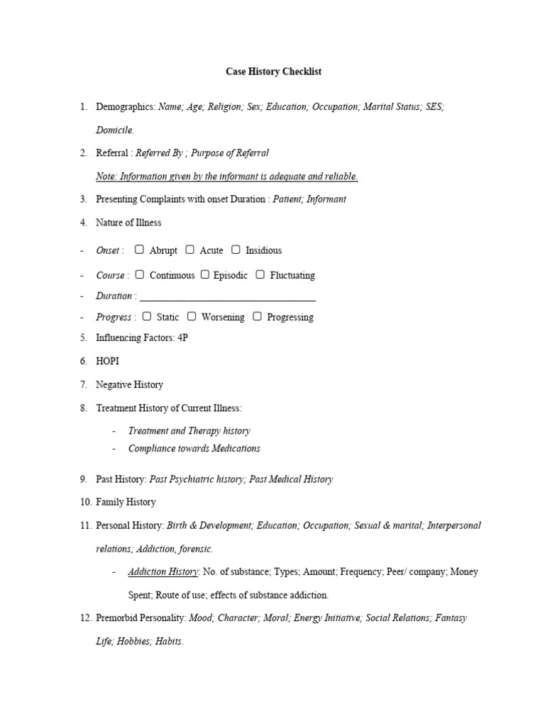 History & MSE Checklist | PDF | Thought | Mental Health
