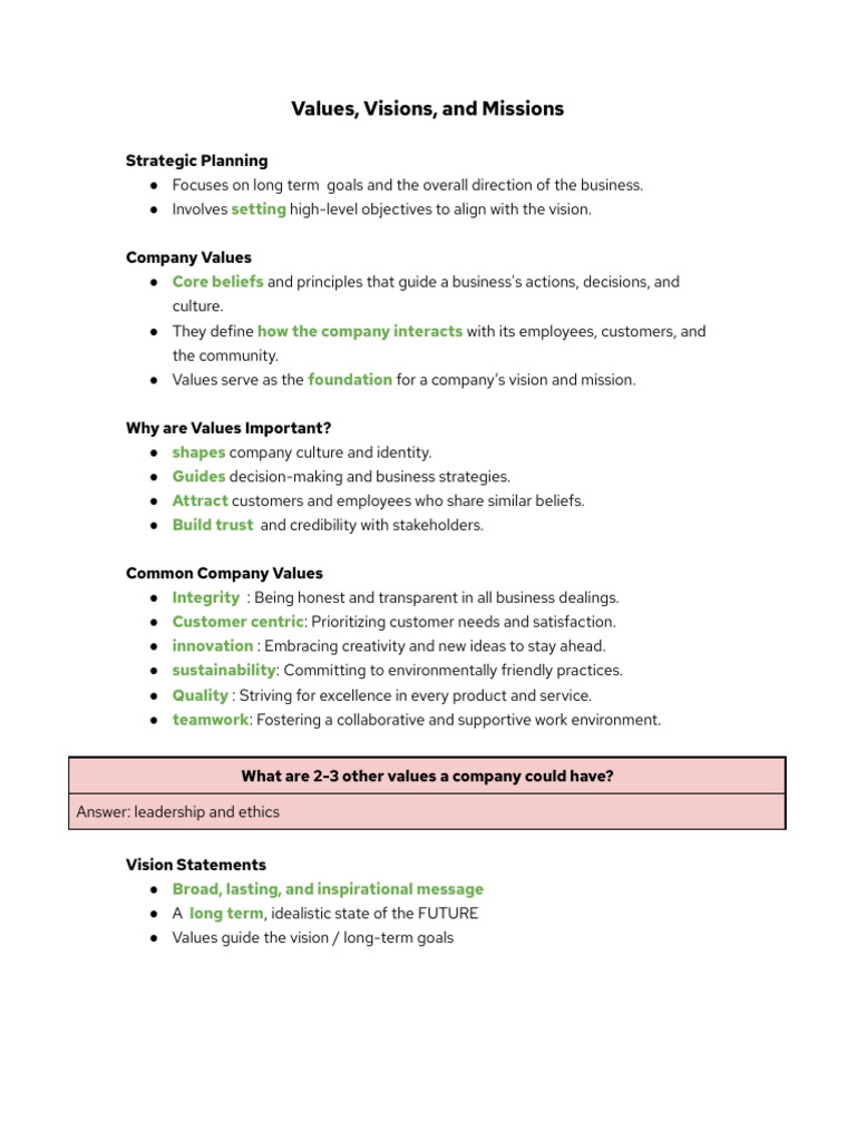 Student - Values, Visions, and Missions | PDF | Strategic Management | Goal