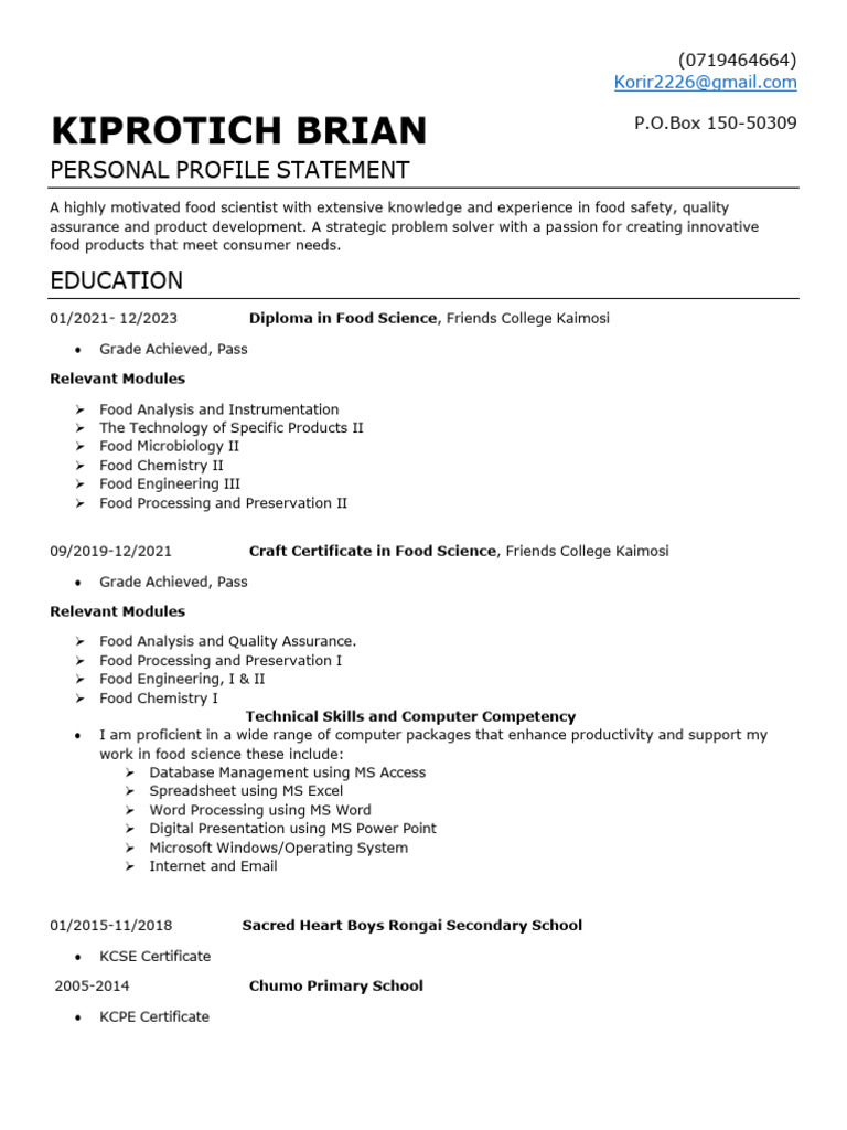 CV - Kiprotich Brian | PDF | Food Science | Safety