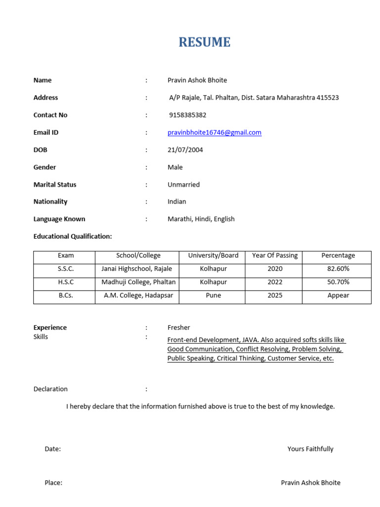 Pravin Bhoite Resume | PDF