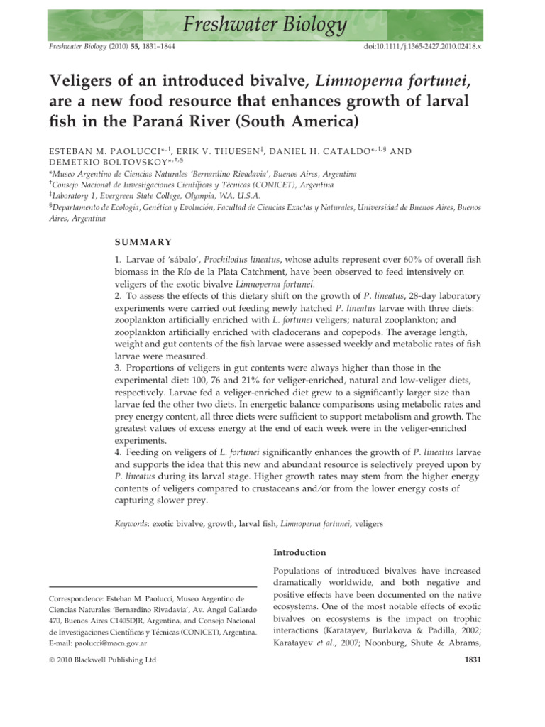 Paolucci-2010-Veligers of an Intro | PDF | Plankton | Experiment