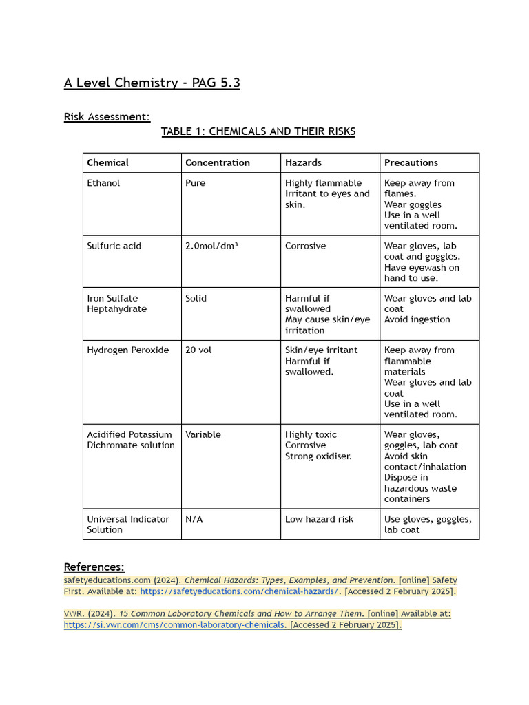 A Level Chemistry - Pag 5.3 Risk Assessment | PDF | Hazards | Laboratories
