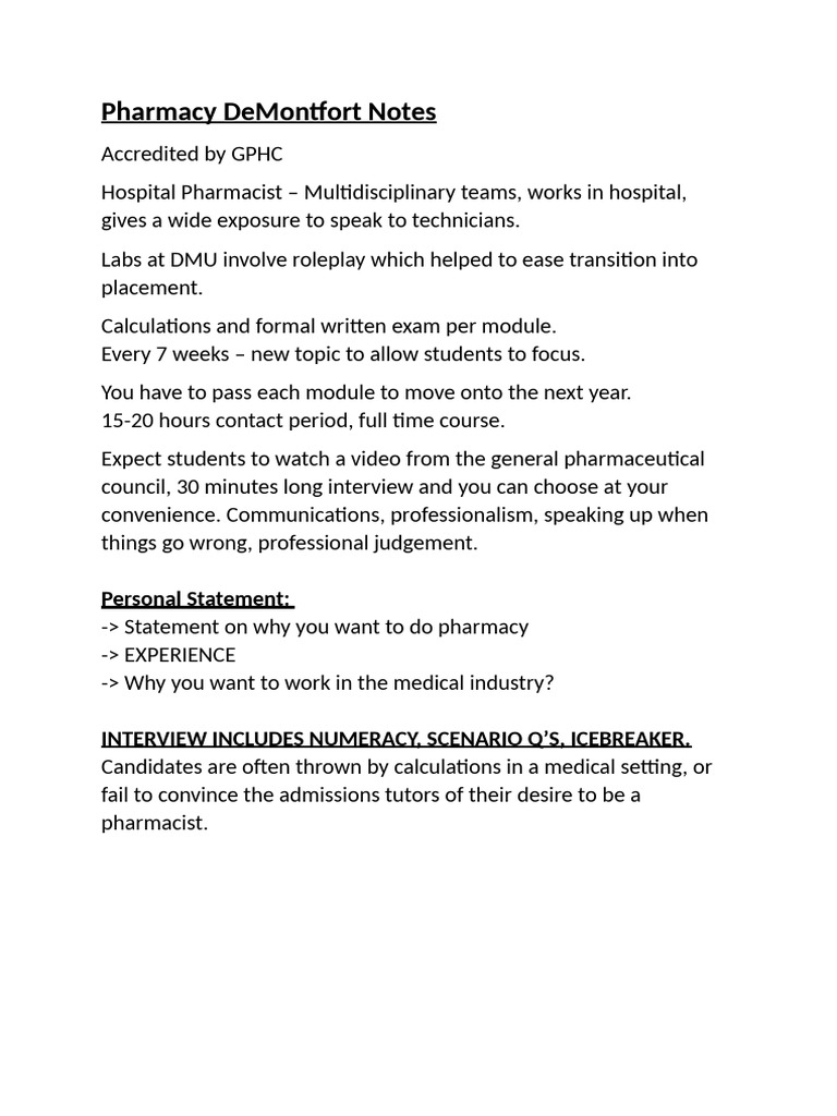 Pharmacy DeMontfort Notes | PDF