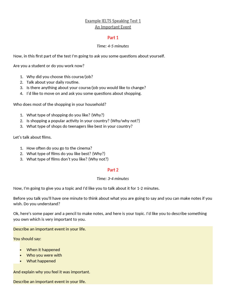 Example IELTS Speaking Test 1 | PDF | International English Language ...