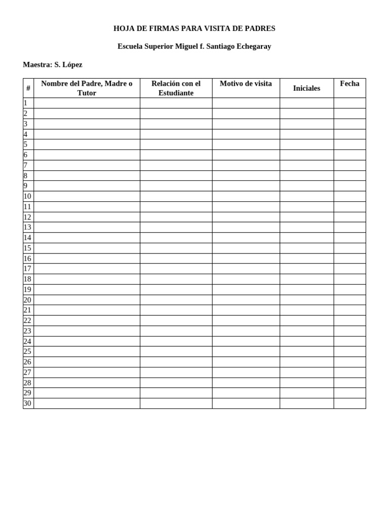 Hoja de Firmas para Visita de Padres | PDF