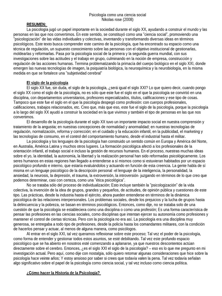 Psicología Como Una Ciencia Social Nikolas Rose 2008 | PDF | Sicología ...