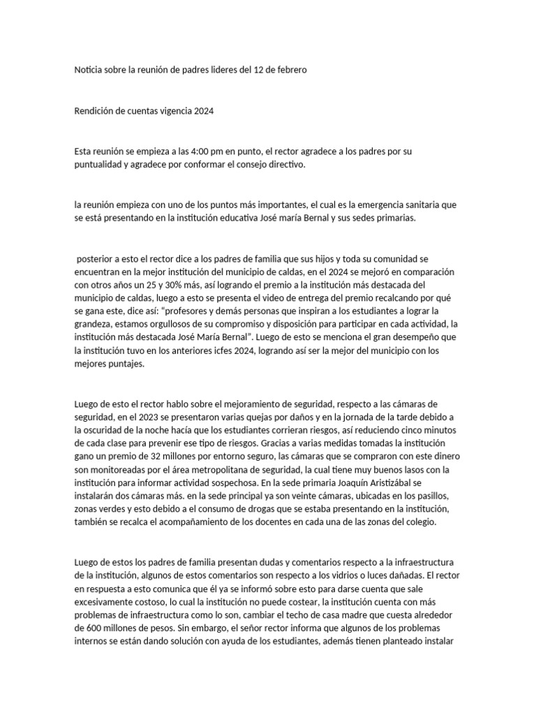 Noticia Sobre La Reunión de Padres Lideres Del 12 de Febrero | PDF