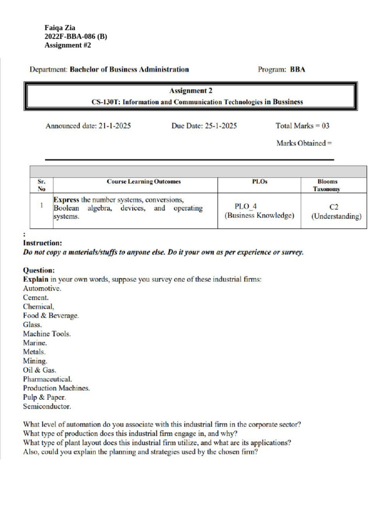 ICT Assignment 2 | PDF | Automation | Lean Manufacturing