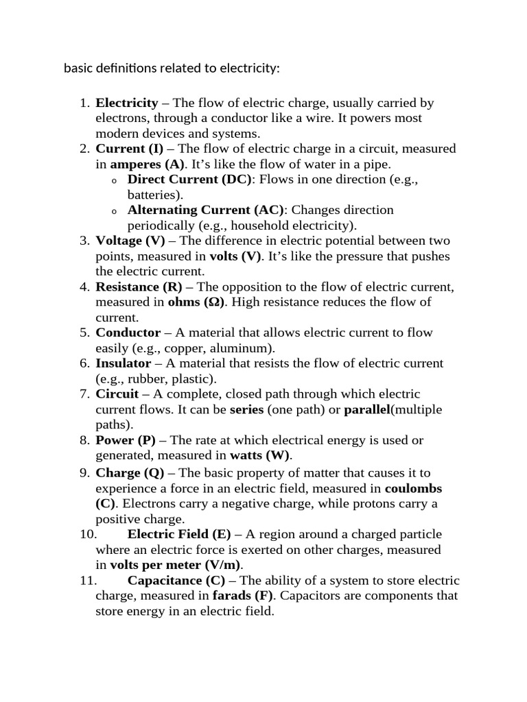 Basic Definitions Related To Electricity | PDF | Electric Current | Direct Current