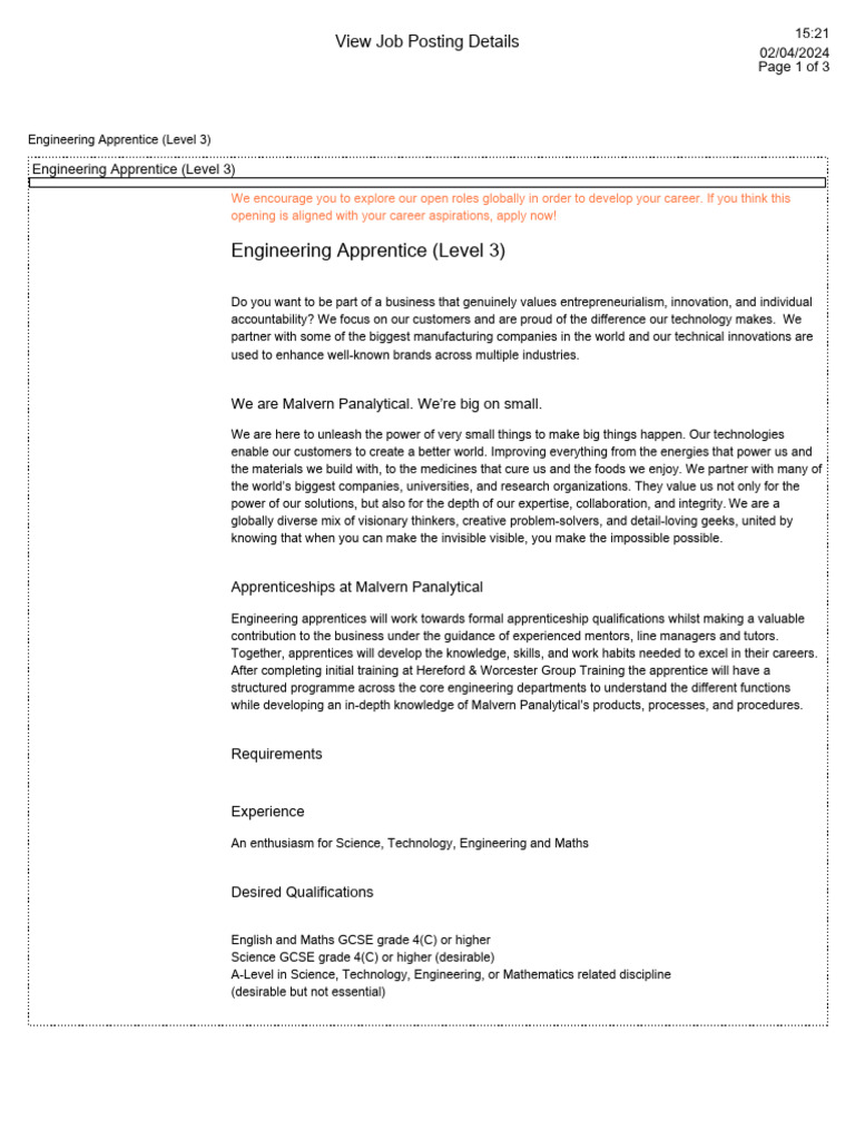 Job Posting Malvern Panalytical | PDF | Apprenticeship | Engineering