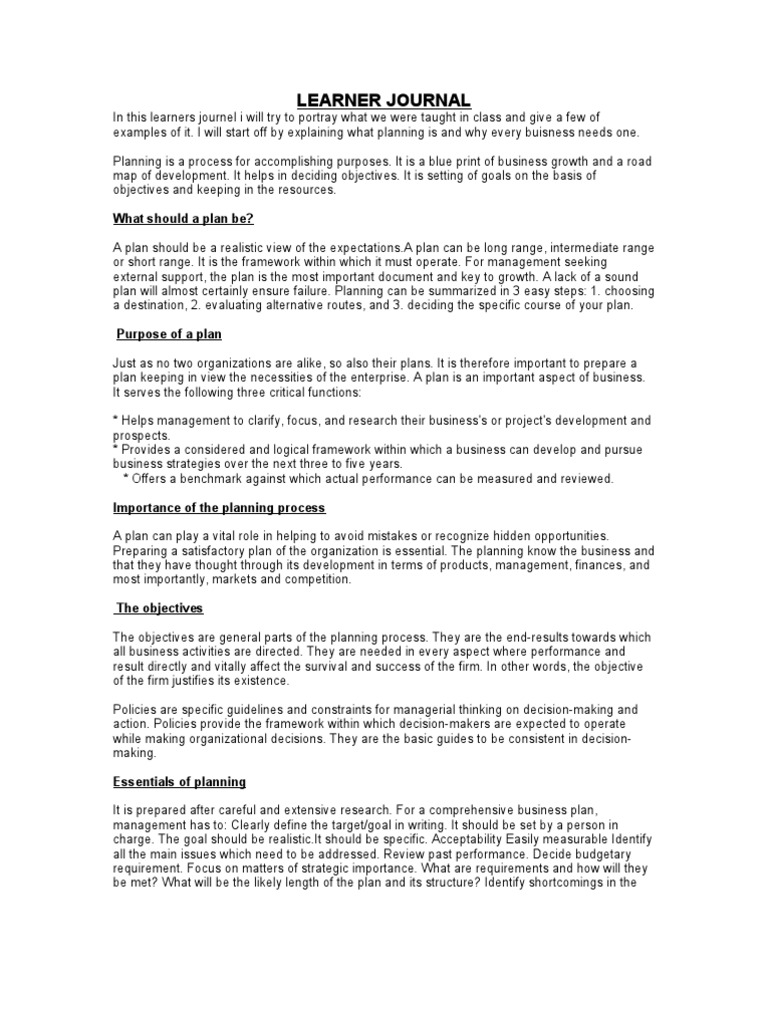 Learner Journal: What Should A Plan Be? | Download Free PDF | Business ...