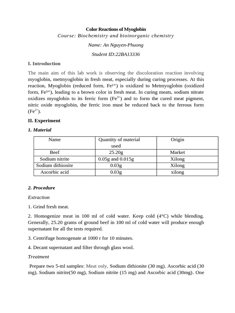 Color Reactions of Myoglobin | PDF | Nitrite | Curing (Food Preservation)