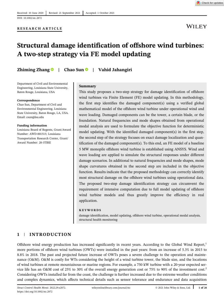 Structural Contr HLTH - 2021 - Zhang - Structural Damage Identification of Offshore Wind ...