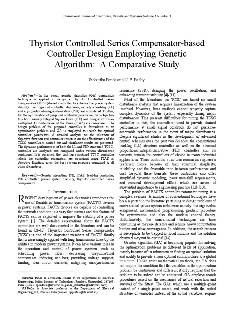Thyristor Controlled Series Compensator-Based Controller Design Employing Genetic Algorithm: A ...