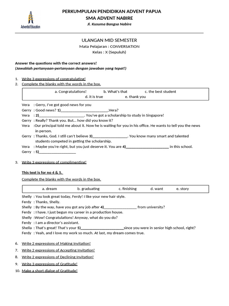 Mid-Semester Conversation Exam Guide | PDF