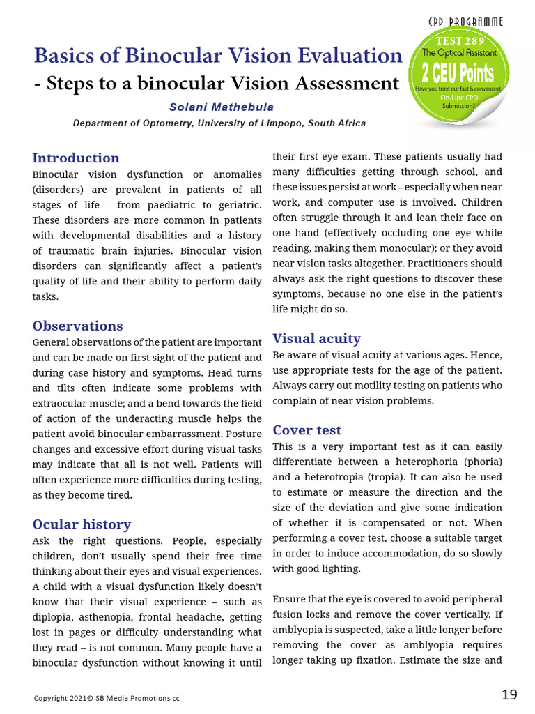 Basics of Binocular Vision Evaluation | PDF | Ophthalmology | Senses