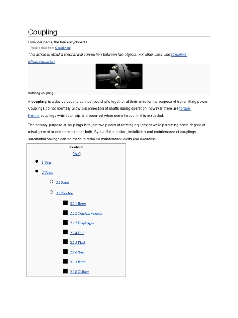Coupling: This Article Is About A Mechanical Connection Between Two ...