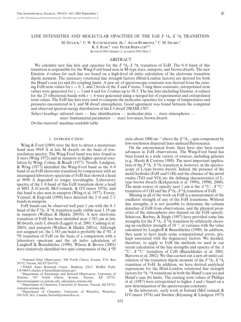 M. Dulick Et Al - Line Intensities and Molecular Opacities of The FeH F 4-Delta-i-X 4-Delta-I ...