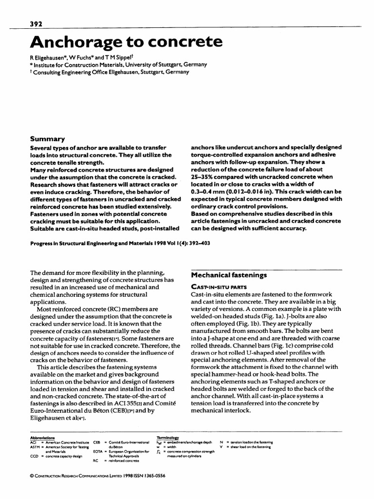 Progress Structural Eng Maths - 2005 - Eligehausen - Anchorage To ...