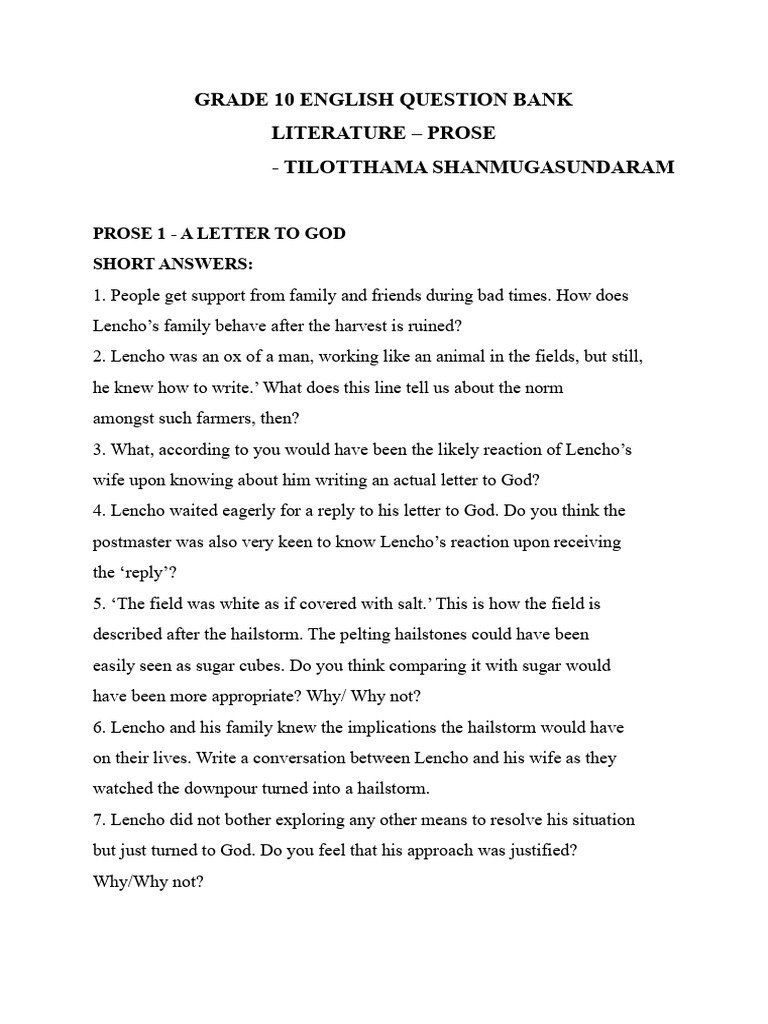 Grade 10 English Question Bank - Prose | PDF | Pet | Nelson Mandela