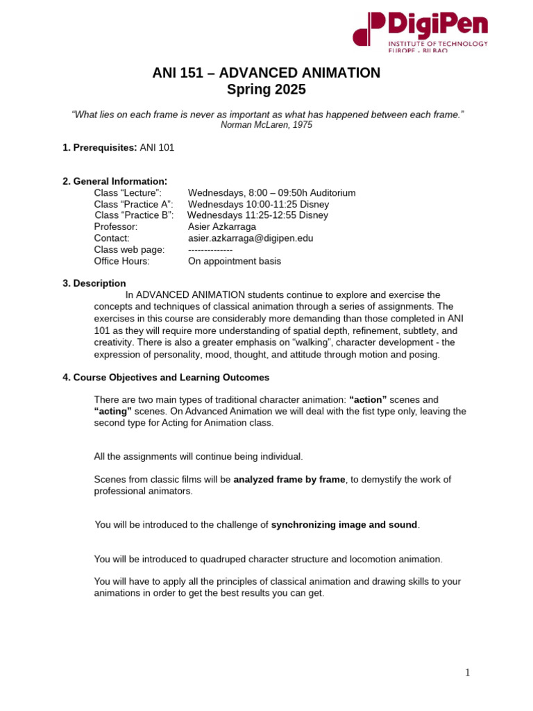 Syllabus Ani151 Spring2025 Asier | PDF | Animation