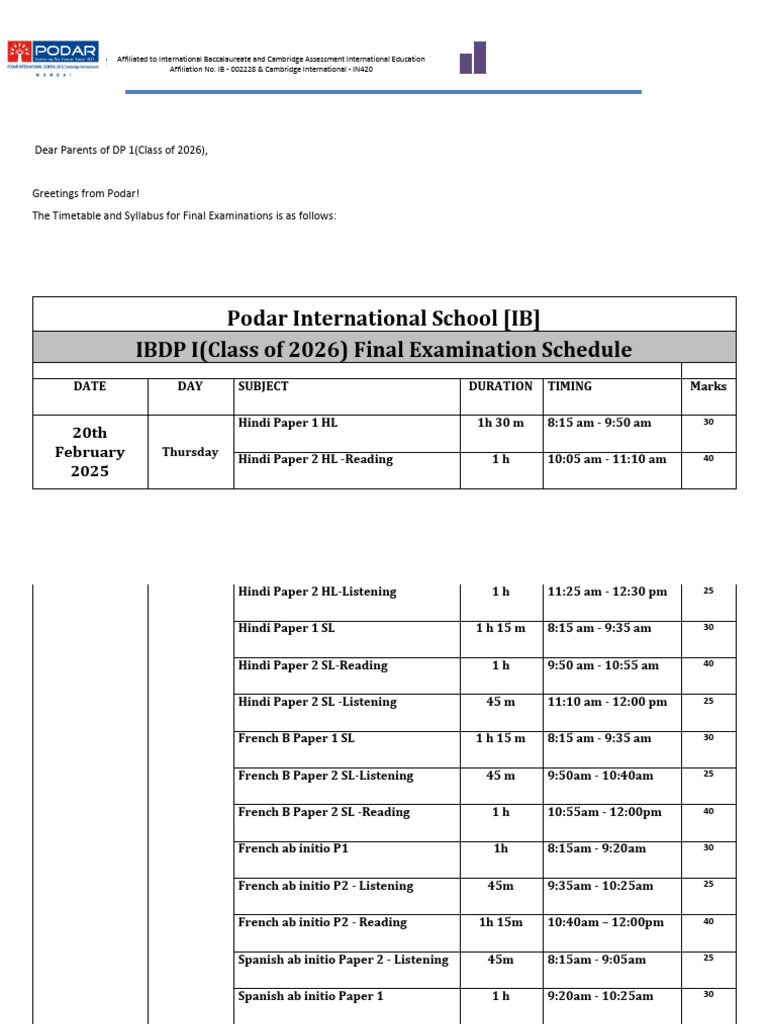 IBDP 2025 Final Exam Schedule | PDF | Externality