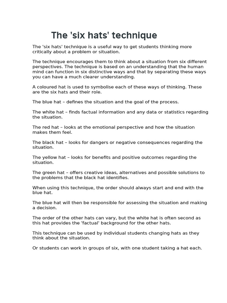 Six Hats Technique | PDF