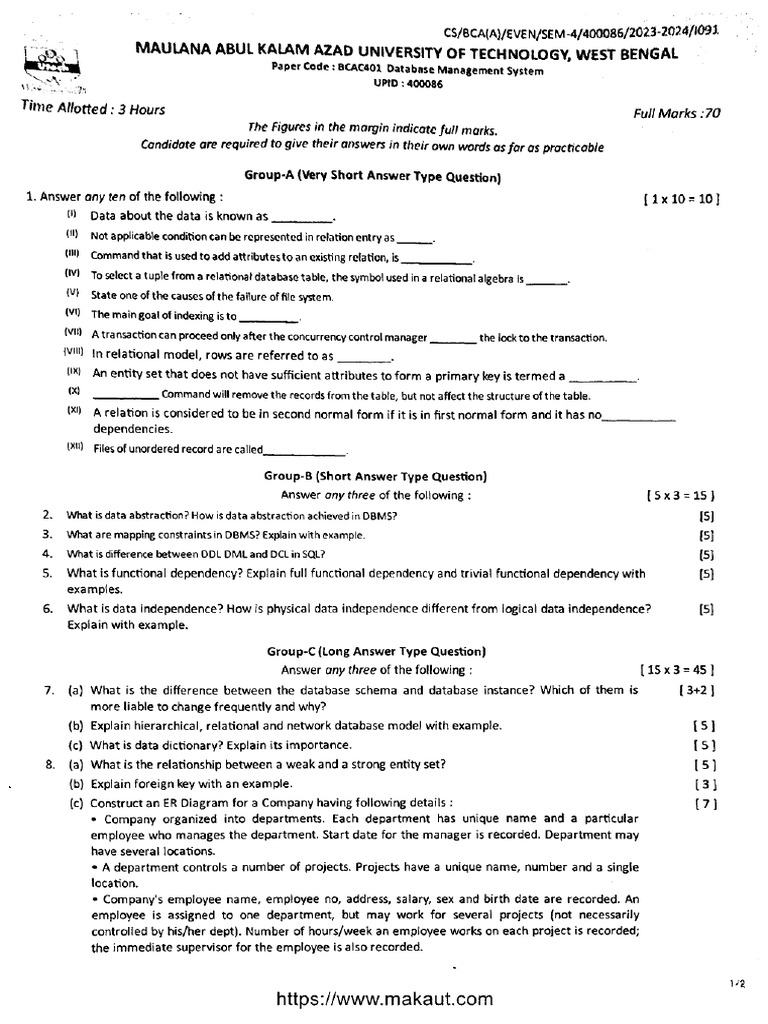 Bca 4 Sem Database Management System Bcac401 2024 | PDF