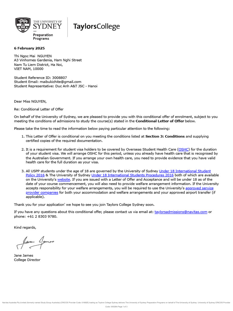 Taylors College Sydney NGUYEN ThiNgocMai Offer Letter | PDF | Fee