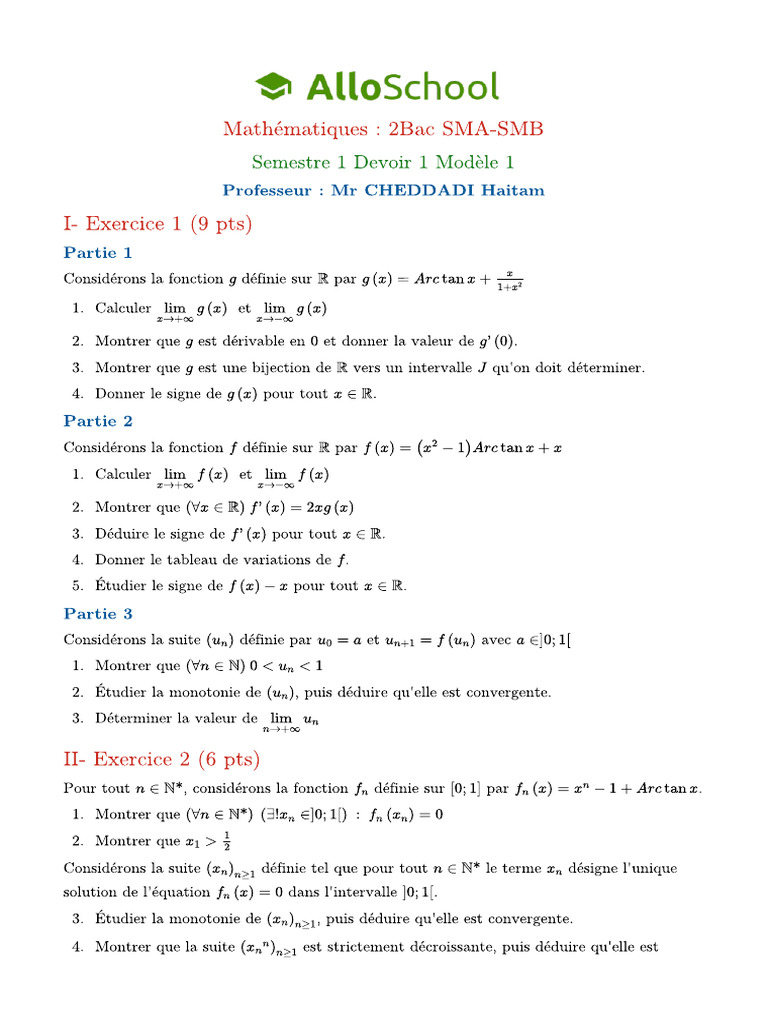 Maths 2bac SM Semestre 1 Devoir 1 Modele 1 1 | PDF