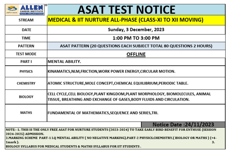 Asat Test Syllabus 03.12.2023 | PDF