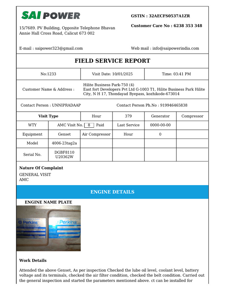 Genset Service Report - 100120251245 | PDF | Electromagnetism | Manufactured Goods