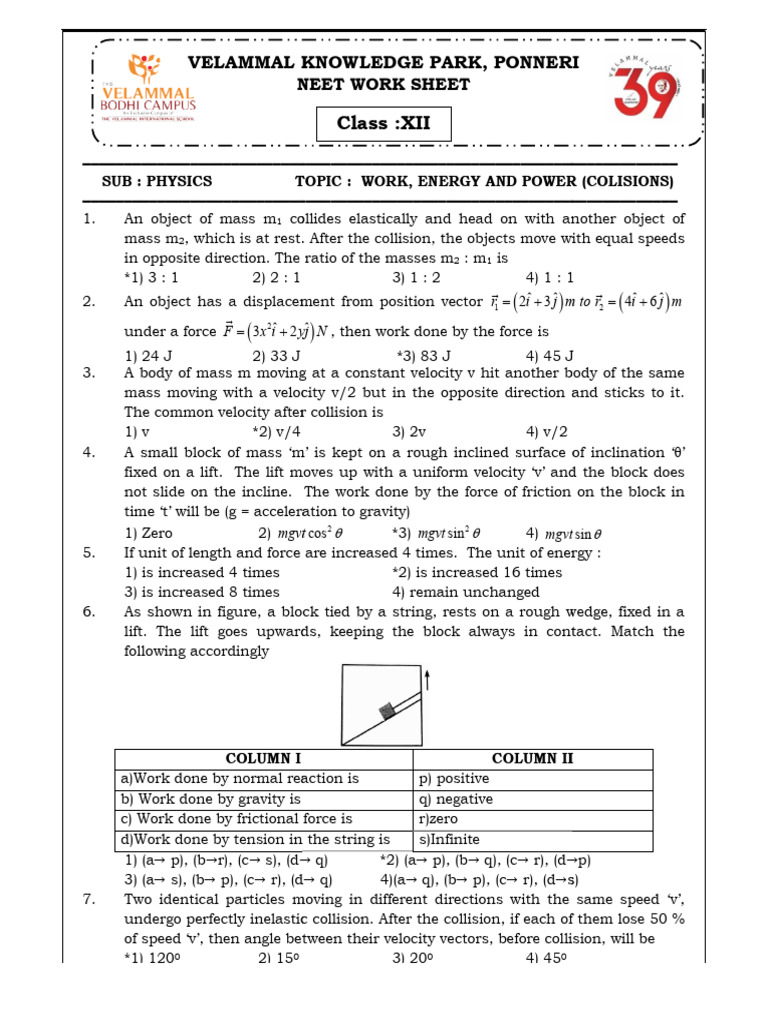Work, Power & Energy (Collisions) - Physics NEET Work Sheet | PDF | Collision | Force